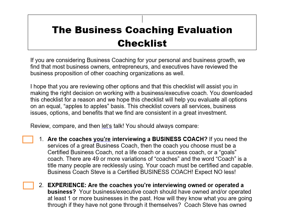 Coach evaluation checklist - Biz Coach Steve